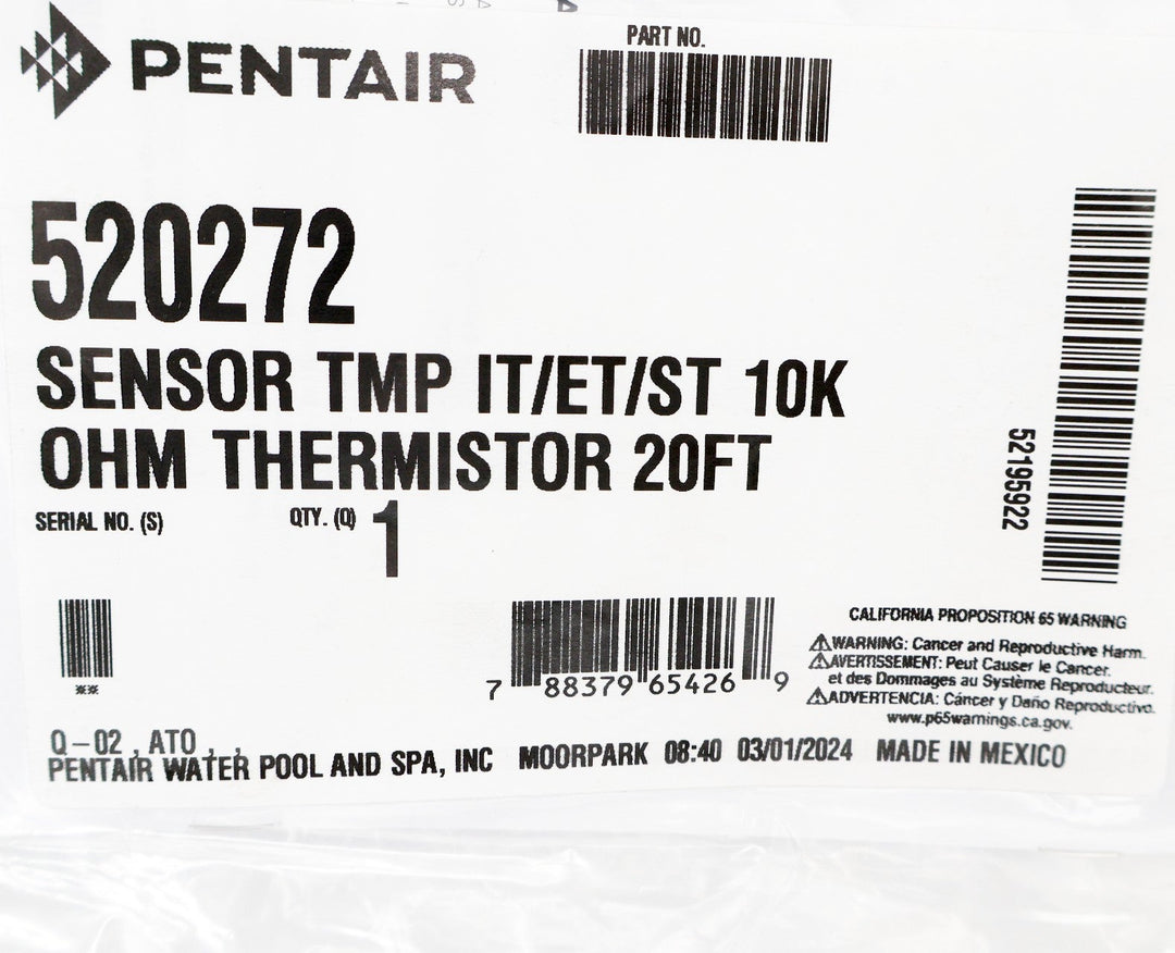 Pentair 20' Temp Sensor 10K Ohm Thermistor 520272